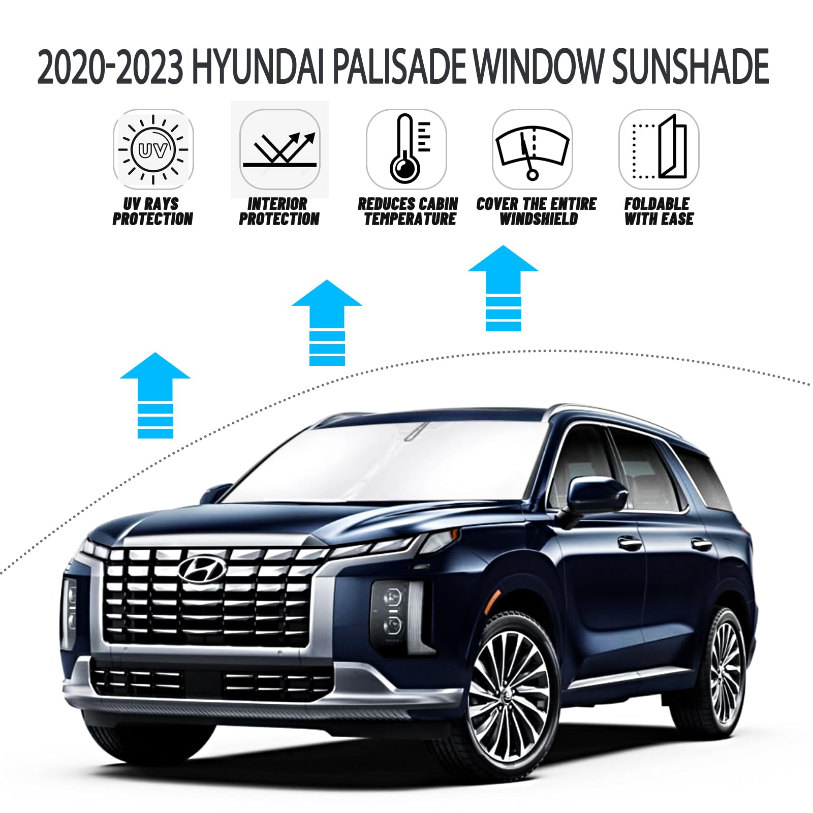 D-Lumina Windshield Sun Shade for 2020 2021 2022 2023 Hyun-dai Palisade Accessories, Front Window Sunshade Sun Visor Protector Block UV Rays Heat, Foldable 2 Layers 210T Material