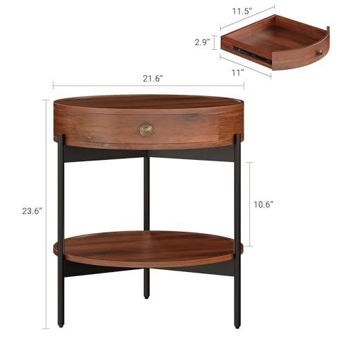 ODIKA Beverly Hills Mid Century Modern Side Table - Versatile Round Nightstand with Drawer, Bedside Table and End Table, Small Wood Side Table for Bedroom, Walnut, Set of 1