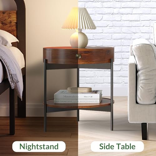 ODIKA Beverly Hills Mid Century Modern Side Table - Versatile Round Nightstand with Drawer, Bedside Table and End Table, Small Wood Side Table for Bedroom, Walnut, Set of 1