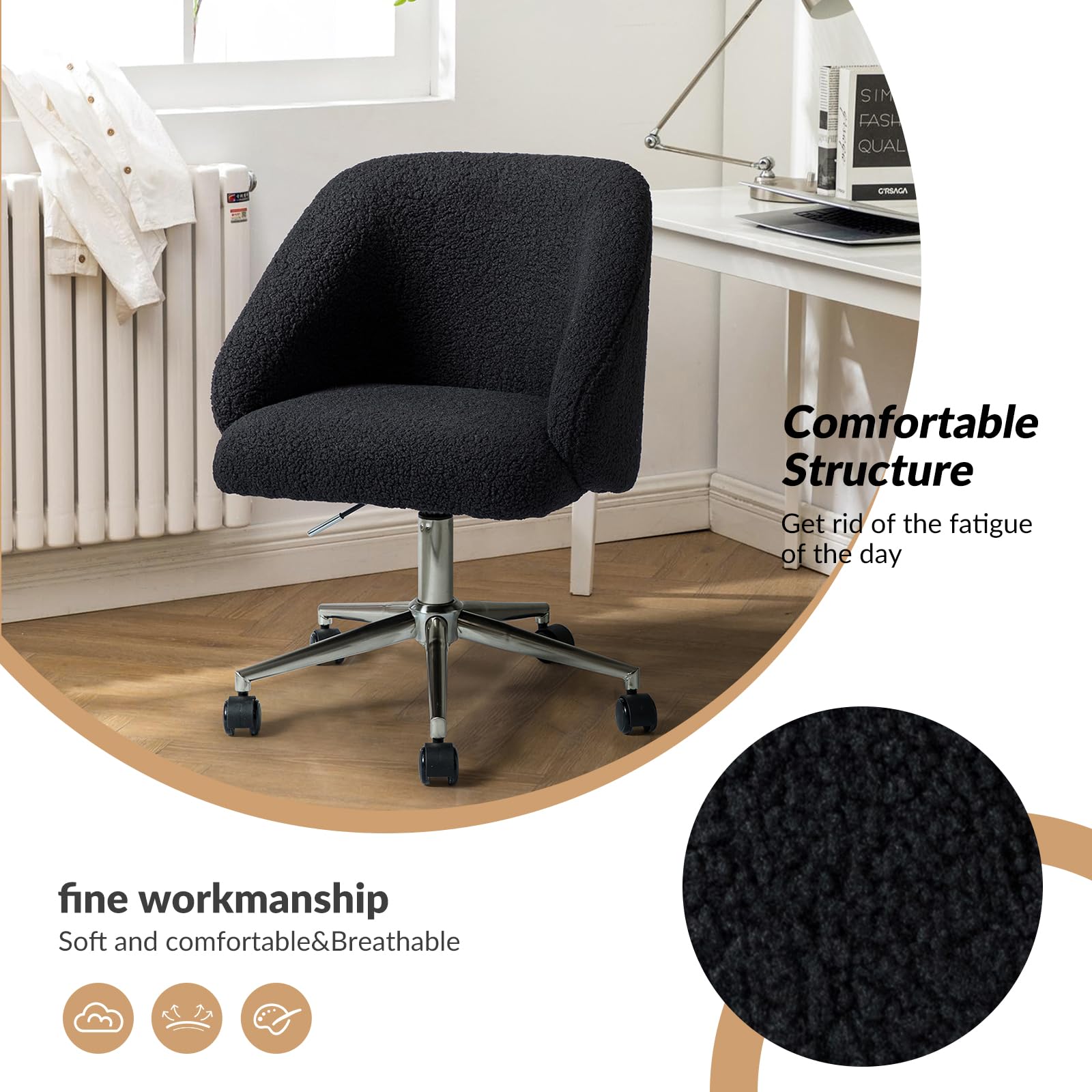 HULALA HOME Sherpa Home Office Desk Chair, Comfy Upholstered Adjustable Height Task Chair, Lamb Fleece Vanity Chair for Bedroom, Study Room, Black
