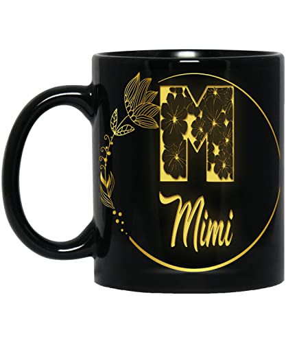 Coffee Mug Personalized Mimi Name & Initial Letter Monogram Floral Alphabet Mug Golden Flowers Custom Black Coffee Cup, Gift for Her Mom Coworker Sister, Wife, Girl 11oz Black Mug 062009