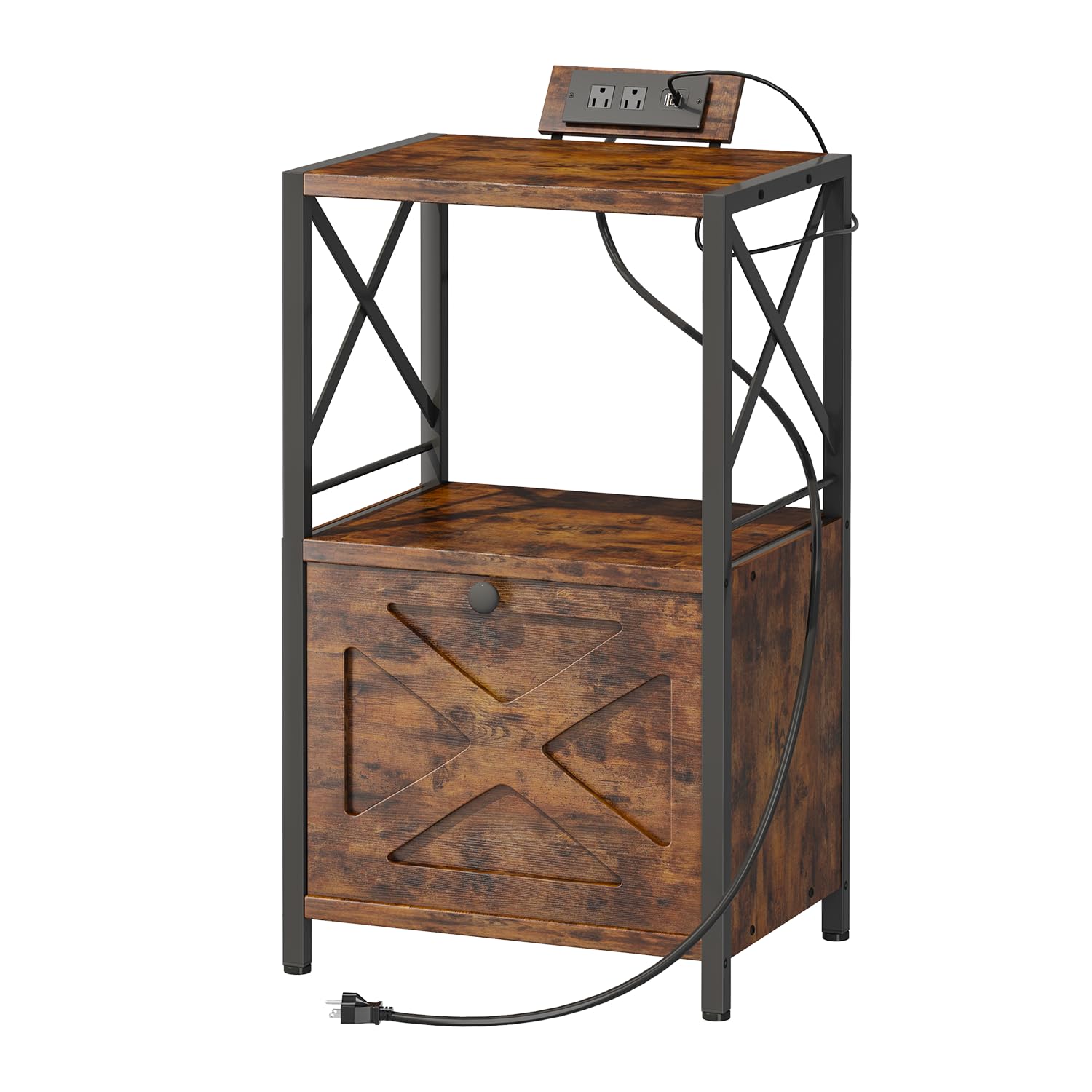 Homeiju Nightstand with Charging Station and LED Light, End Table with Large Drawers and Open Shelf, Side Table with USB Ports and Outlets, Bed Stand End Table for Bedroom, Rustic Brown