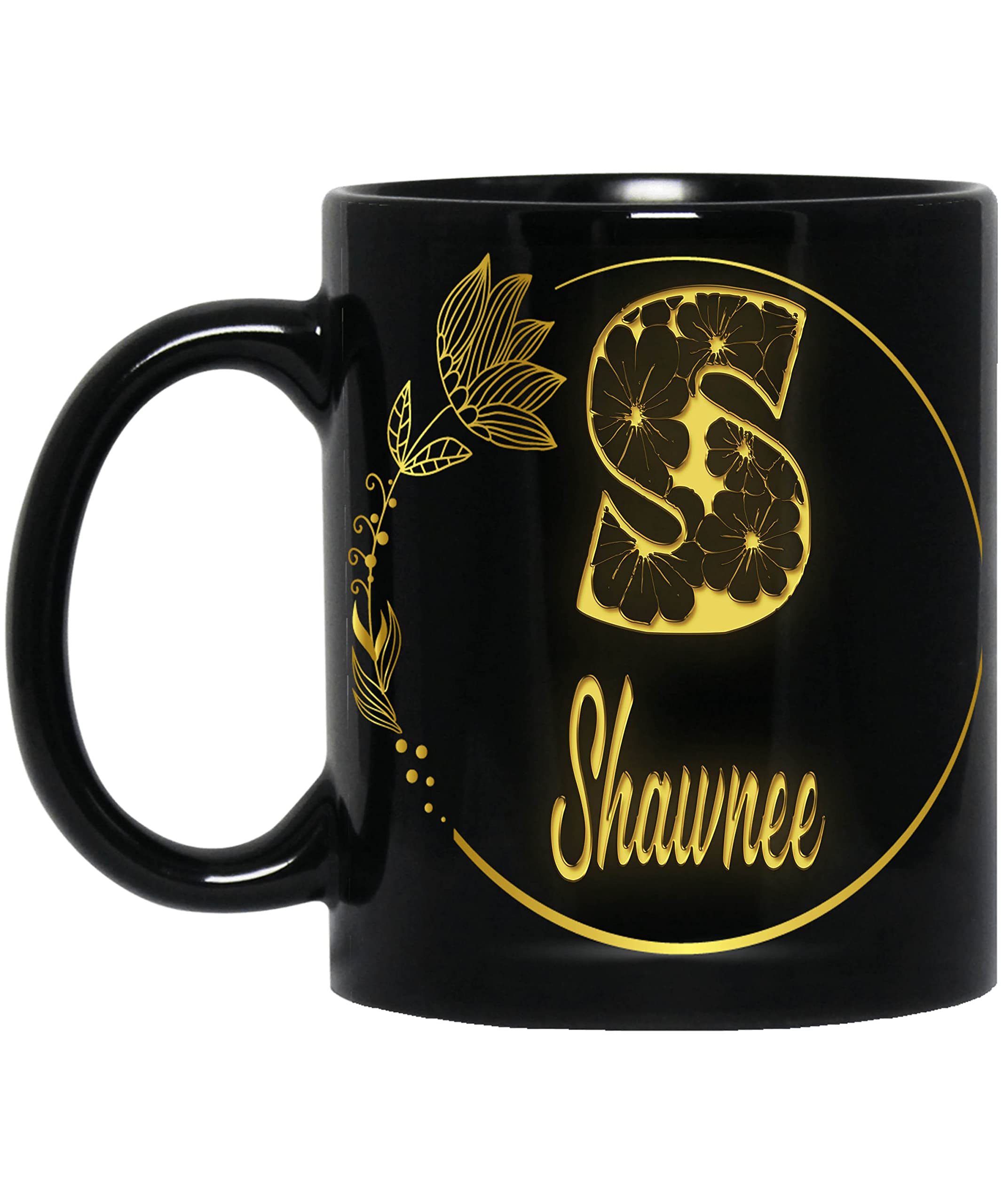 Coffee Mug Personalized Shawnee Name & Initial Letter Monogram Floral Alphabet Mug Golden Flowers Custom Black Coffee Cup, Gift for Her Mom Coworker Sister, Wife, Girl 11oz Black Mug 689706