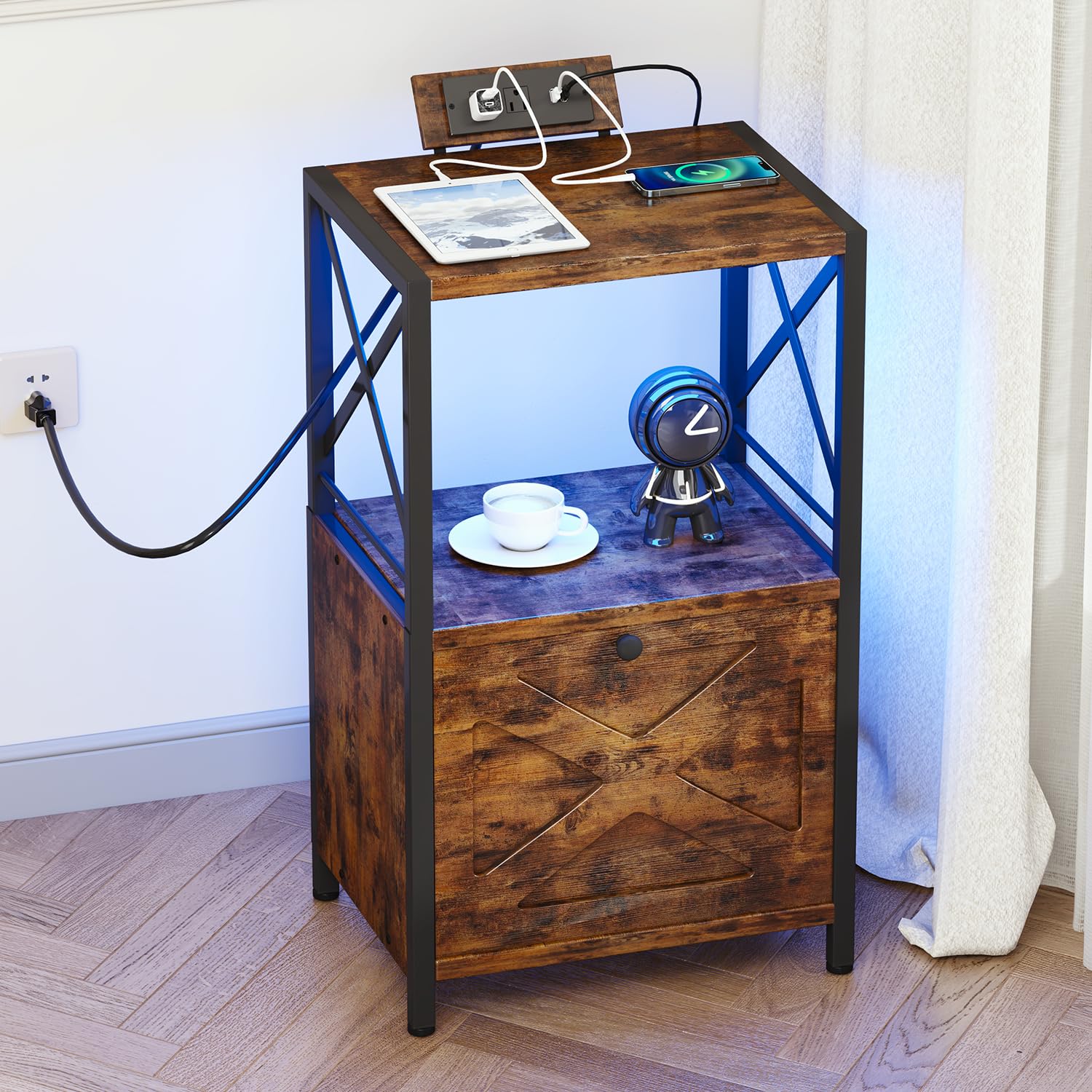 Homeiju Nightstand with Charging Station and LED Light, End Table with Large Drawers and Open Shelf, Side Table with USB Ports and Outlets, Bed Stand End Table for Bedroom, Rustic Brown
