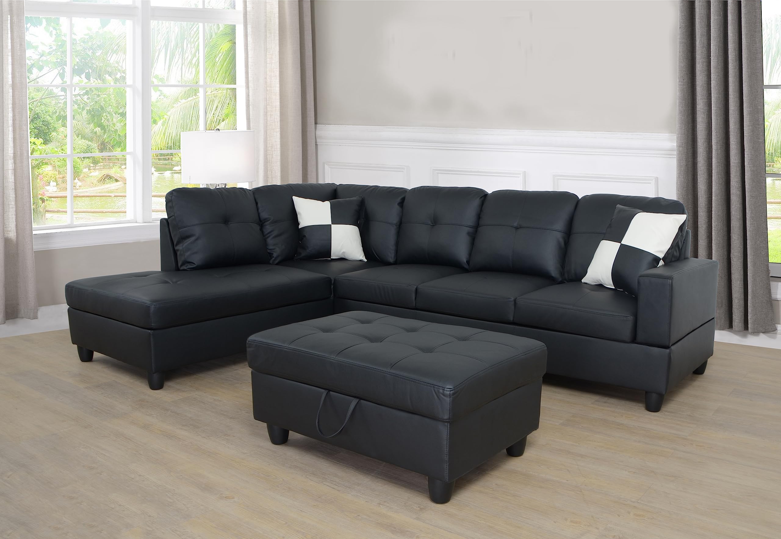 OPTOUGH Sectional Sofa-3 Piece L-Shape Living Room Furniture Faux Leather Couch w/Left Chaise Lounge,Storage Ottoman and Pillows Black