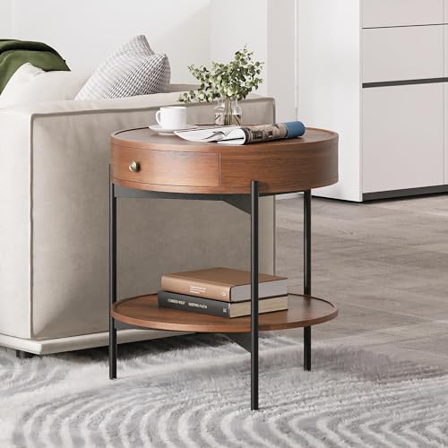ODIKA Beverly Hills Mid Century Modern Side Table - Versatile Round Nightstand with Drawer, Bedside Table and End Table, Small Wood Side Table for Bedroom, Walnut, Set of 1