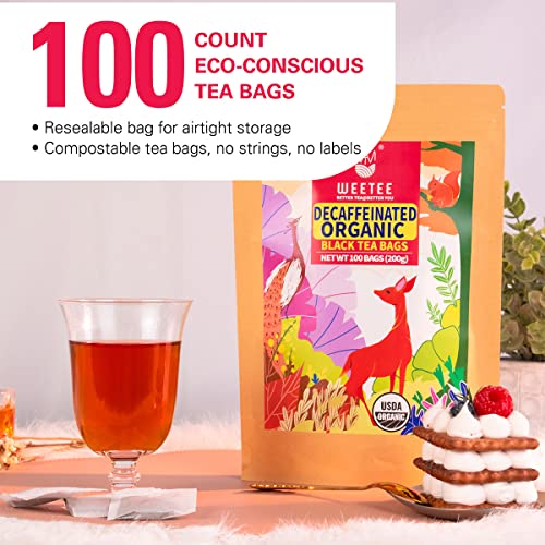 WT WEETEE Organic Decaf Black Tea Bags, USDA Organic Black Tea 100 Count | Smooth & Mild Taste | CO2-Decaffeinated | Resealable Kraft Bag