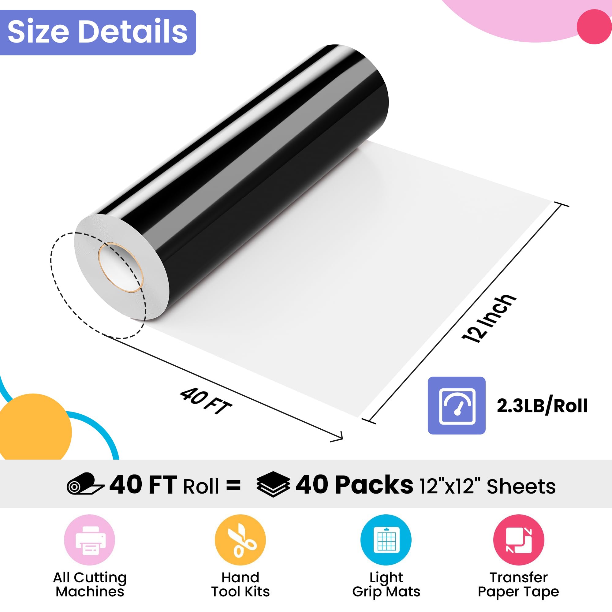 JAVIGA Black Permanent Vinyl for Cricut, Silhouette Cameo, 12" x 40 FT Black Vinyl Roll for DIY Christmas Decorations, Glossy Black Adhesive Vinyl for Wall Stickers, Balloon, Mug, Scrapbooking Decal
