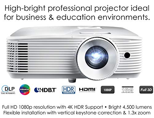 Optoma EH412 1080P HDR DLP Professional Projector | Super Bright 4500 Lumens | Business Presentations, Classrooms, and Meeting Rooms | 15000 Hour Lamp Life | 4K HDR Input | Speaker Built in , White