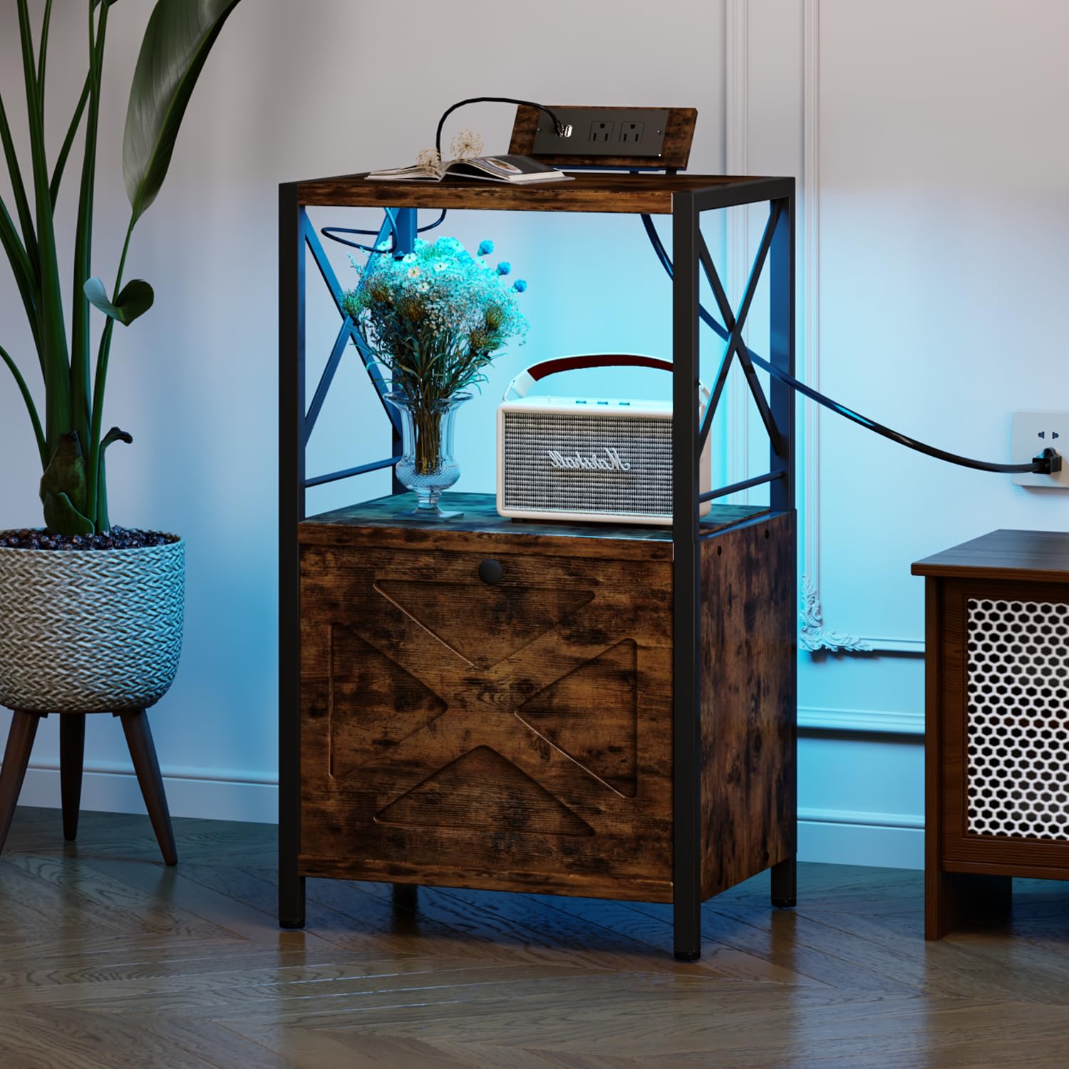 Homeiju Nightstand with Charging Station and LED Light, End Table with Large Drawers and Open Shelf, Side Table with USB Ports and Outlets, Bed Stand End Table for Bedroom, Rustic Brown