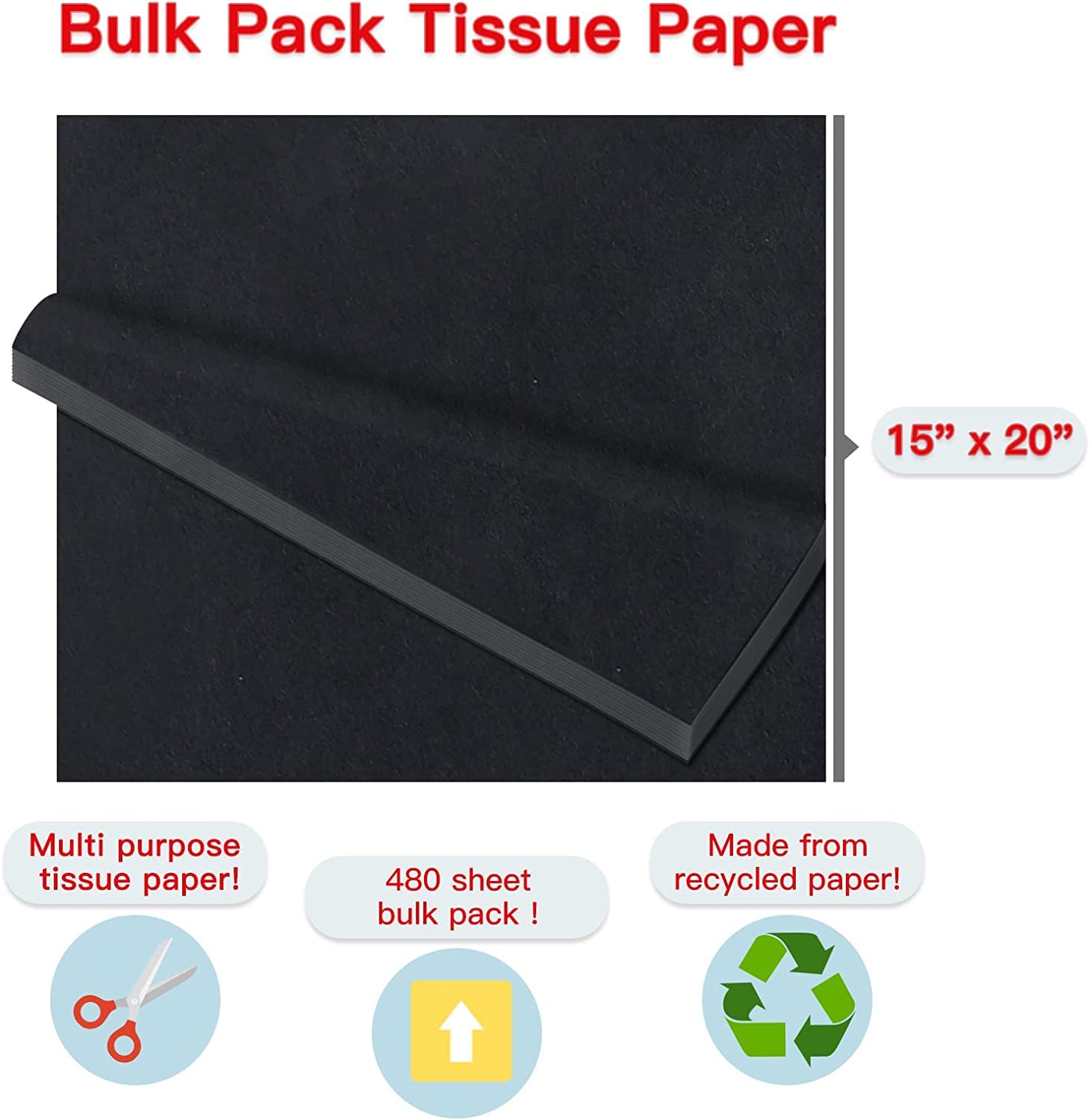 RUSPEPA Gift Wrapping Tissue Paper - Tissue Paper for Gift Wrap, Art Crafts, DIY, Pack Bags, Birthday, Wedding and More - 15 x 20 inches - 480 Sheets - Black