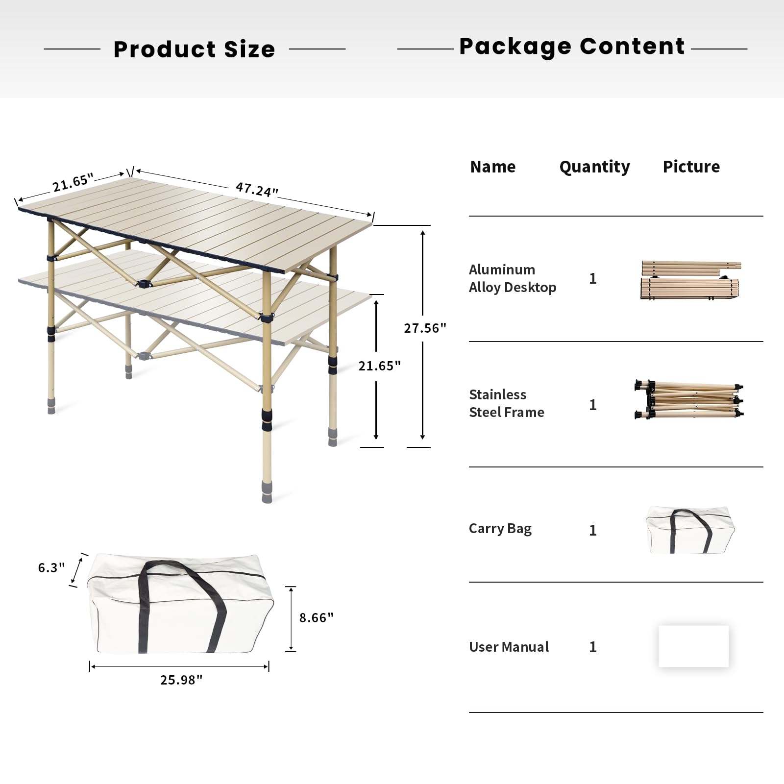 Hastoygo Folding Camping Table Loads 165 Lbs, Height Adjustable from 21.65" to 27.56", Picnic Table 47.24" x 21.65", Camp Table Portable with Carry Bag for Outdoor Cooking,Beach,Backyard,Tailgating