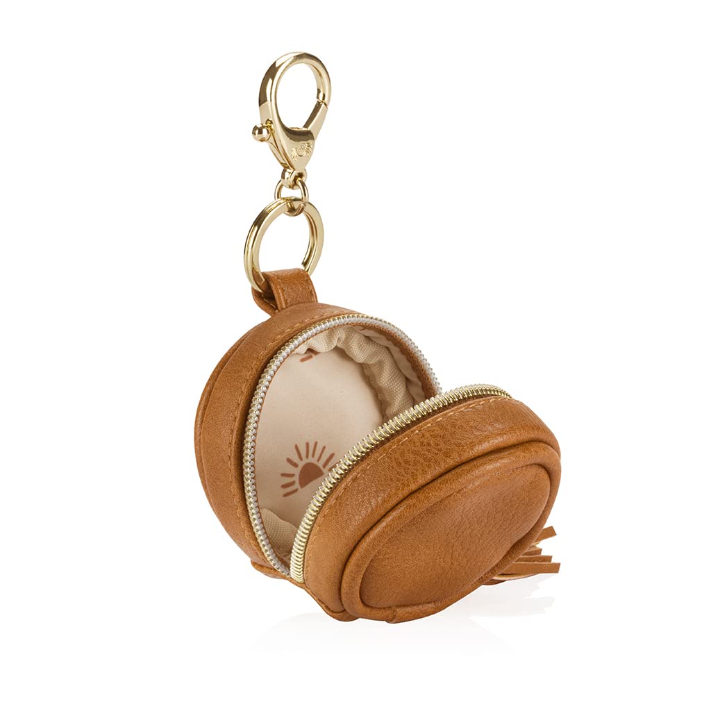 Itzy Ritzy Pacifier Holder Case with Clip - Pacifier Case Includes Clasp to Easily Attach to a Diaper Bag or Purse, Measures 2.5" in Diameter and Holds 2 Pacifiers (Cognac)