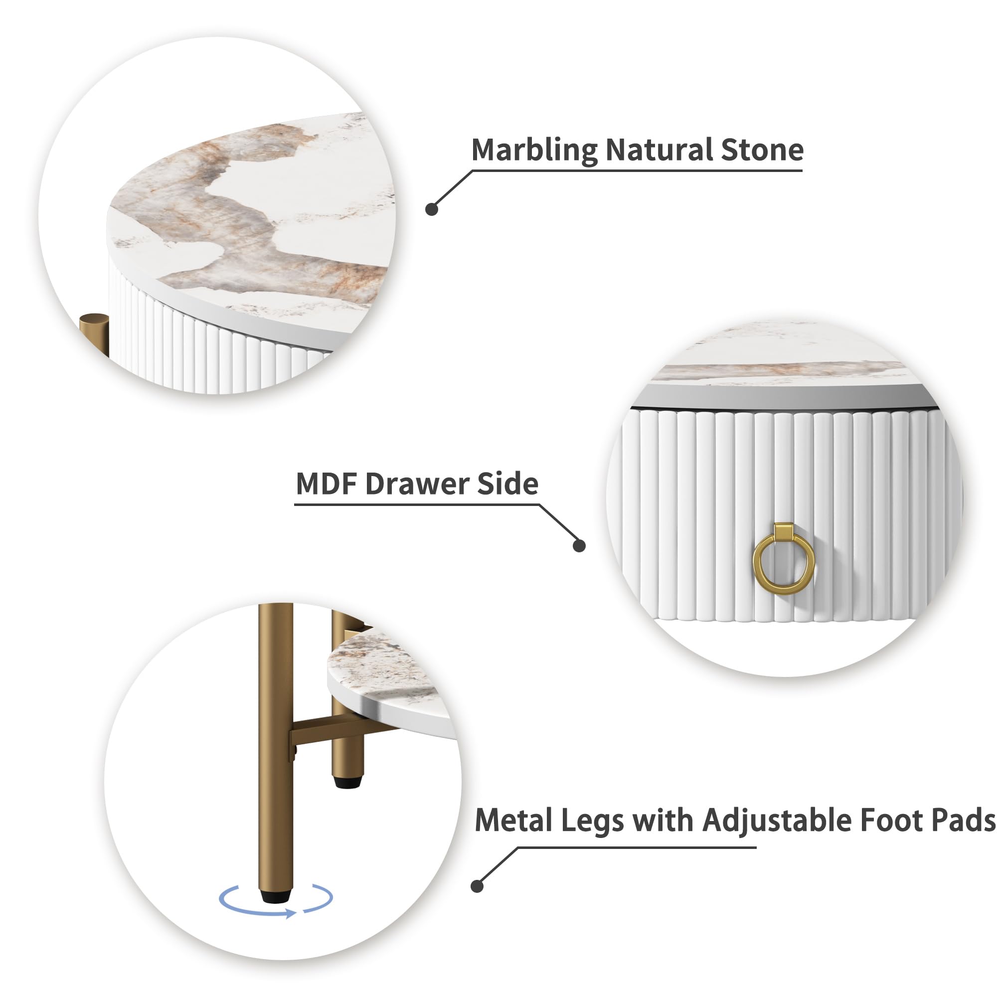 OIOG Modern End Table with Storage Drawer, Round 2-Tier Nightstand with Shelf, Gold Side Table with Metal Legs for Living Room, Bedroom, Office, Marbling Natural Stone/Gold