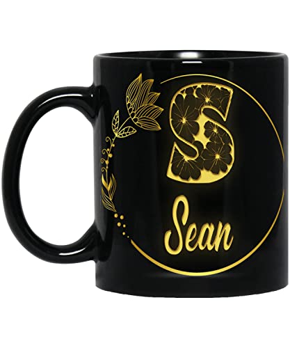 Coffee Mug Personalized Sean Name & Initial Letter Monogram Floral Alphabet Mug Golden Flowers Custom Black Coffee Cup, Gift for Her Mom Coworker Sister, Wife, Girl 11oz Black Mug 597467