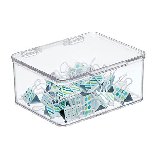 mDesign Small Plastic Home Office Storage Organizer Box Containers with Hinged Lid for Desktops - Holds Pens, Pencils, Sticky Notes, Highlighters, Staples, and Supplies - Clear