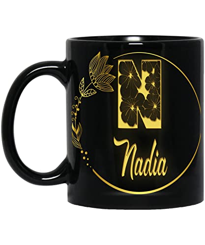 Coffee Mug Personalized Nadia Name & Initial Letter Monogram Floral Alphabet Mug Golden Flowers Custom Black Coffee Cup, Gift for Her Mom Coworker Sister, Wife, Girl 11oz Black Mug 954825
