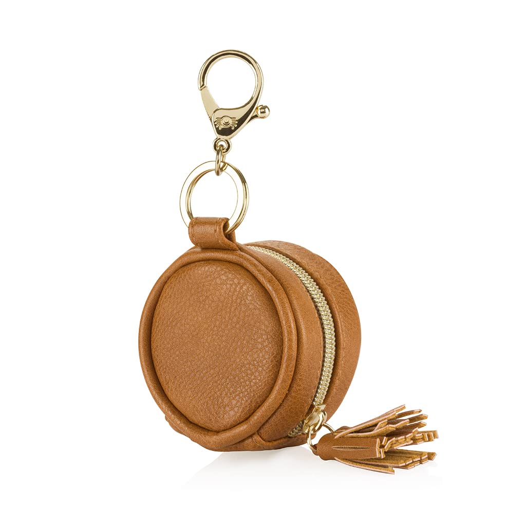 Itzy Ritzy Pacifier Holder Case with Clip - Pacifier Case Includes Clasp to Easily Attach to a Diaper Bag or Purse, Measures 2.5" in Diameter and Holds 2 Pacifiers (Cognac)