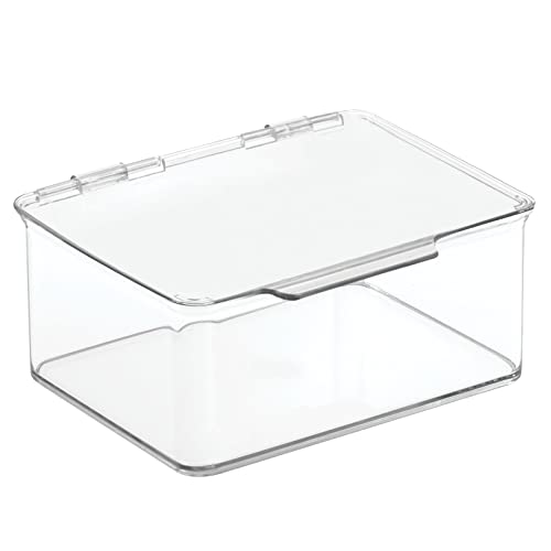 mDesign Small Plastic Home Office Storage Organizer Box Containers with Hinged Lid for Desktops - Holds Pens, Pencils, Sticky Notes, Highlighters, Staples, and Supplies - Clear