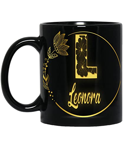 Coffee Mug Personalized Leonora Name & Initial Letter Monogram Floral Alphabet Mug Golden Flowers Custom Black Coffee Cup, Gift for Her Mom Coworker Sister, Wife, Girl 11oz Black Mug 391115