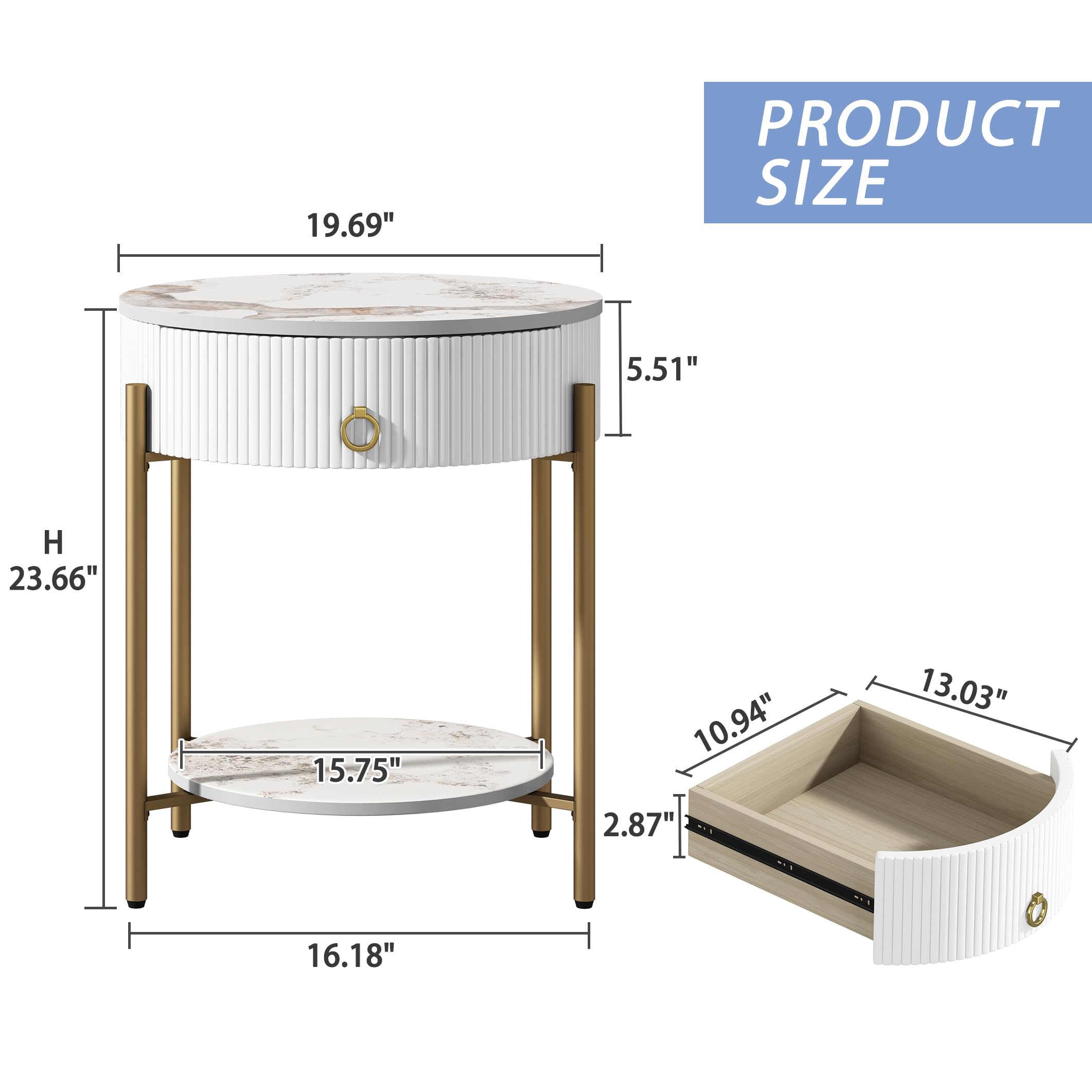OIOG Modern End Table with Storage Drawer, Round 2-Tier Nightstand with Shelf, Gold Side Table with Metal Legs for Living Room, Bedroom, Office, Marbling Natural Stone/Gold