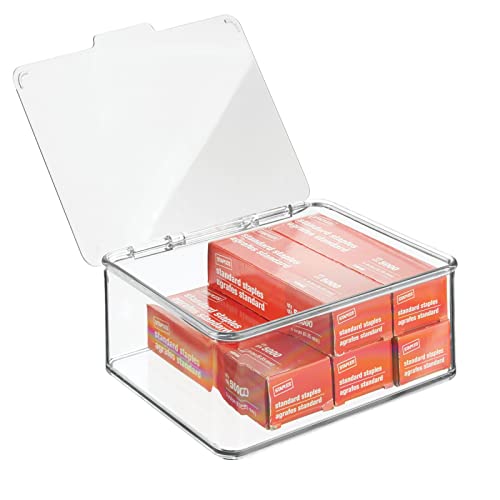 mDesign Small Plastic Home Office Storage Organizer Box Containers with Hinged Lid for Desktops - Holds Pens, Pencils, Sticky Notes, Highlighters, Staples, and Supplies - Clear