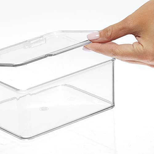 mDesign Small Plastic Home Office Storage Organizer Box Containers with Hinged Lid for Desktops - Holds Pens, Pencils, Sticky Notes, Highlighters, Staples, and Supplies - Clear