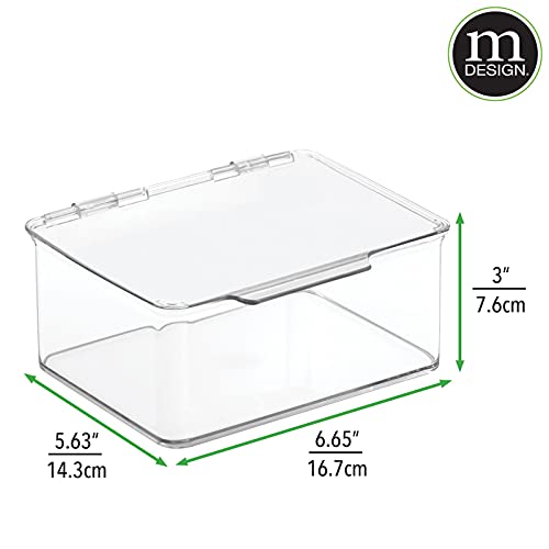 mDesign Small Plastic Home Office Storage Organizer Box Containers with Hinged Lid for Desktops - Holds Pens, Pencils, Sticky Notes, Highlighters, Staples, and Supplies - Clear