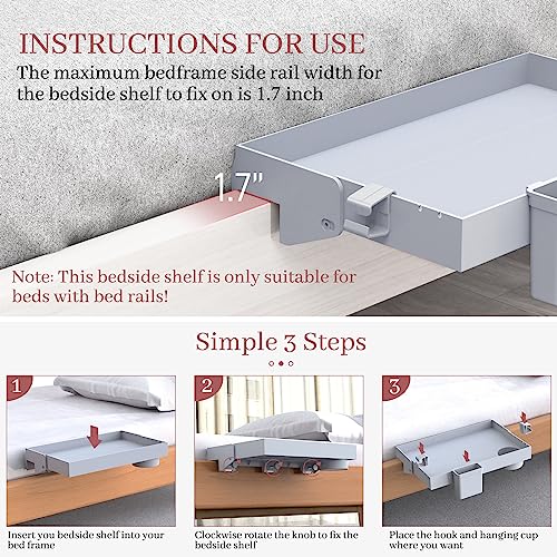 SOLEJAZZ Bedside Shelf for Bed, Folding Bunk Bed Shelf for Top Bunk Clip On Nightstand College Dorm Room Essential Table Caddy Bedside Night Stand Shelf with Hooks, Cup & Cord Holder, Plus Size, Grey