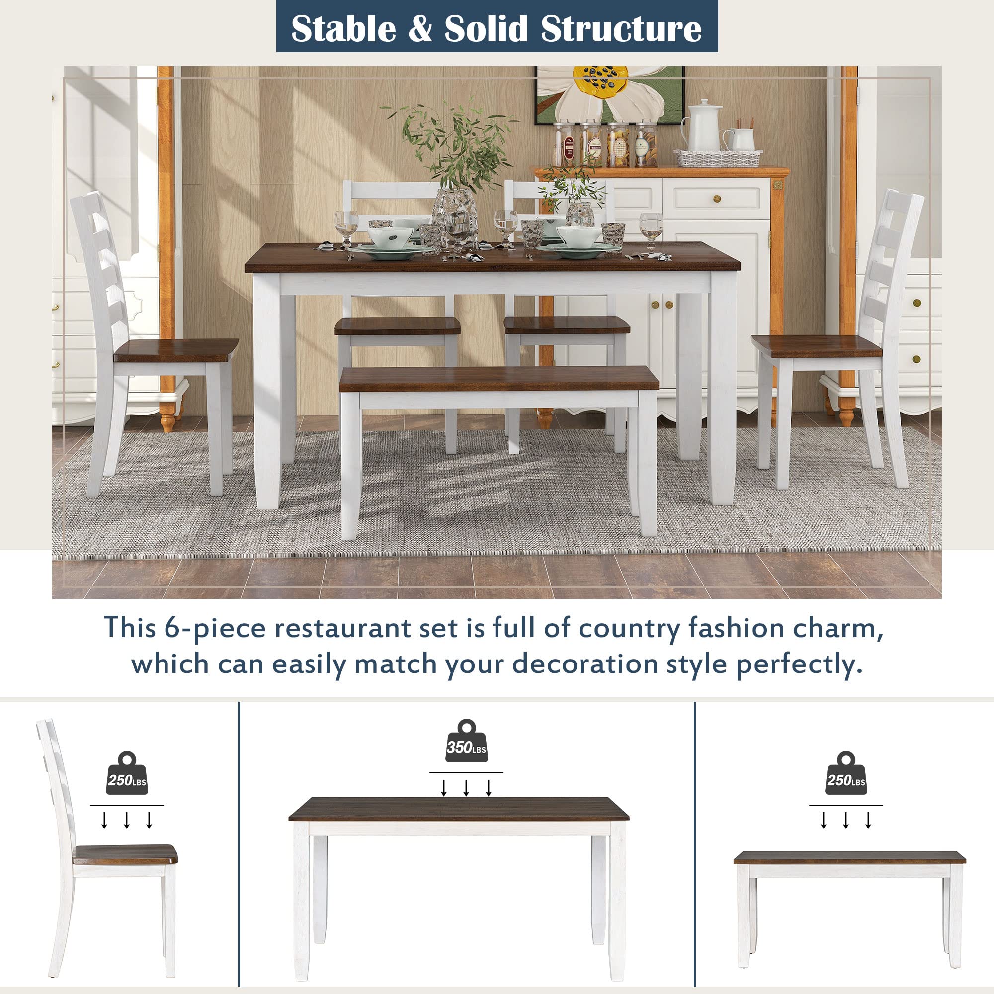 BIADNBZ 6-Piece Dining Table Set with 4 Upholstered Chairs & a Bench for Family,Walnut + Cottage White