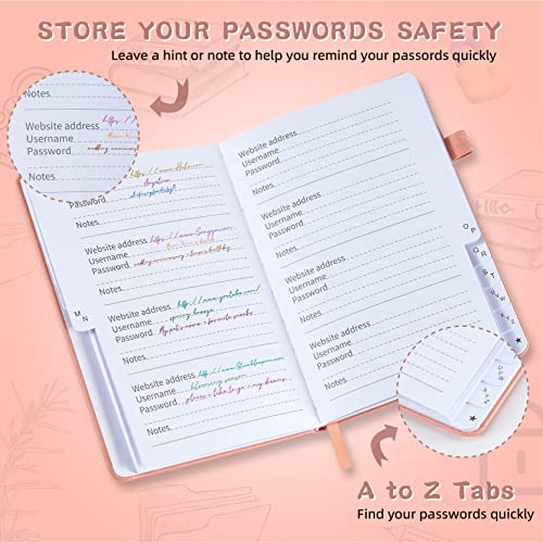 YHCFLY Password Book with Alphabetical tabs, Hardcover Internet Address & Password Organizer Logbook, Medium Size Password Keeper Notebook Journal for Home Office (Peach Pink)