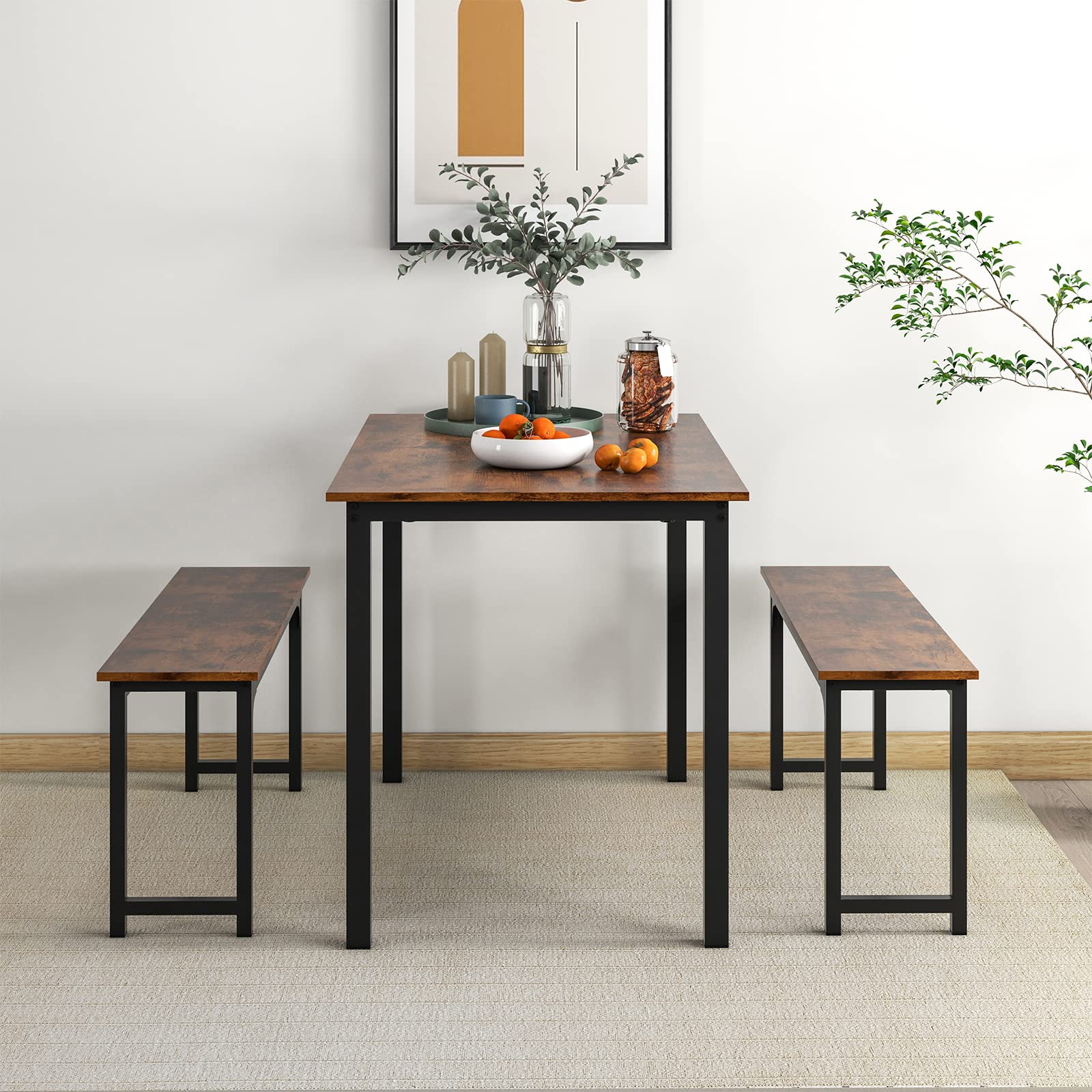 IFANNY Dining Table Set with 2 Benches, Industrial Kitchen Table & Chairs with Metal Frame, Space-Saving Breakfast Nook Table Set, 3 Piece Dinette Set for Farmhouse, Bar, Restaurant (Brown)