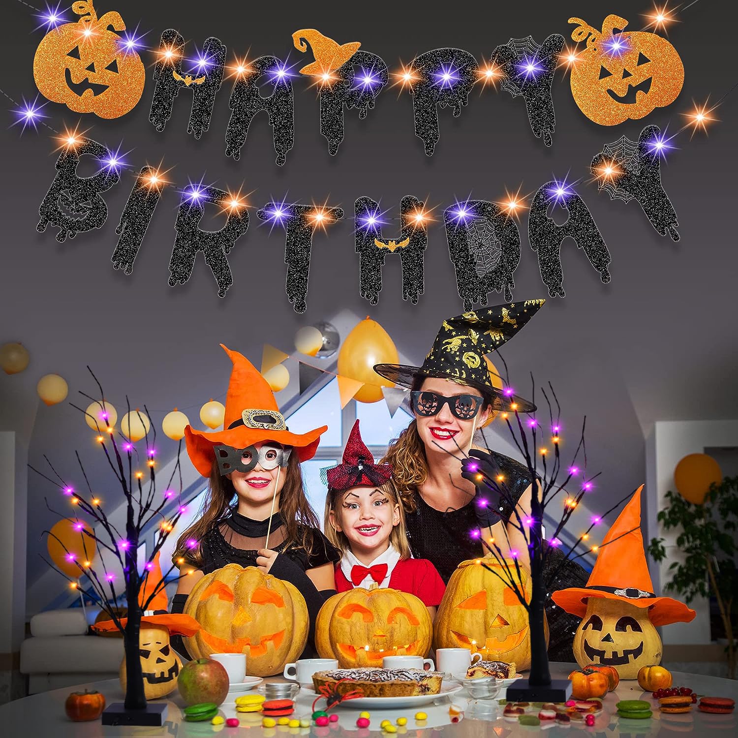 Efunly 2 Pack 24 Inch Halloween Black Spooky Tree with Orange & Purple Lights, USB&Battery Operated Tabletop Halloween Black Tree with Timer for Halloween Decorations Indoor Home Holiday Party