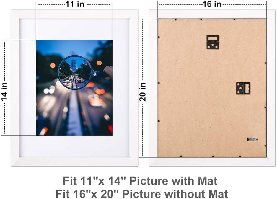 iDecorlife 16x20 White Picture Frames - Extra Thick Tempered Glass and Real Wood 11x14 Picture Frame with Mat or 16x20 Frame Without Mat - Wall Mounting Ready Real Wood Photo Frame