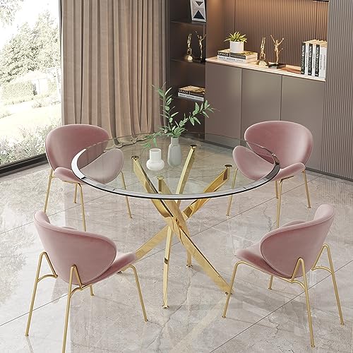39" Round Dining Table for 6, Glass Kitchen & Dining Room Tables, Modern Circle Dining Room Table with 0.39" Tempered Glass Tabletop and Cross Stainless Steel Legs for Dinner Small Spaces (Gold Leg)