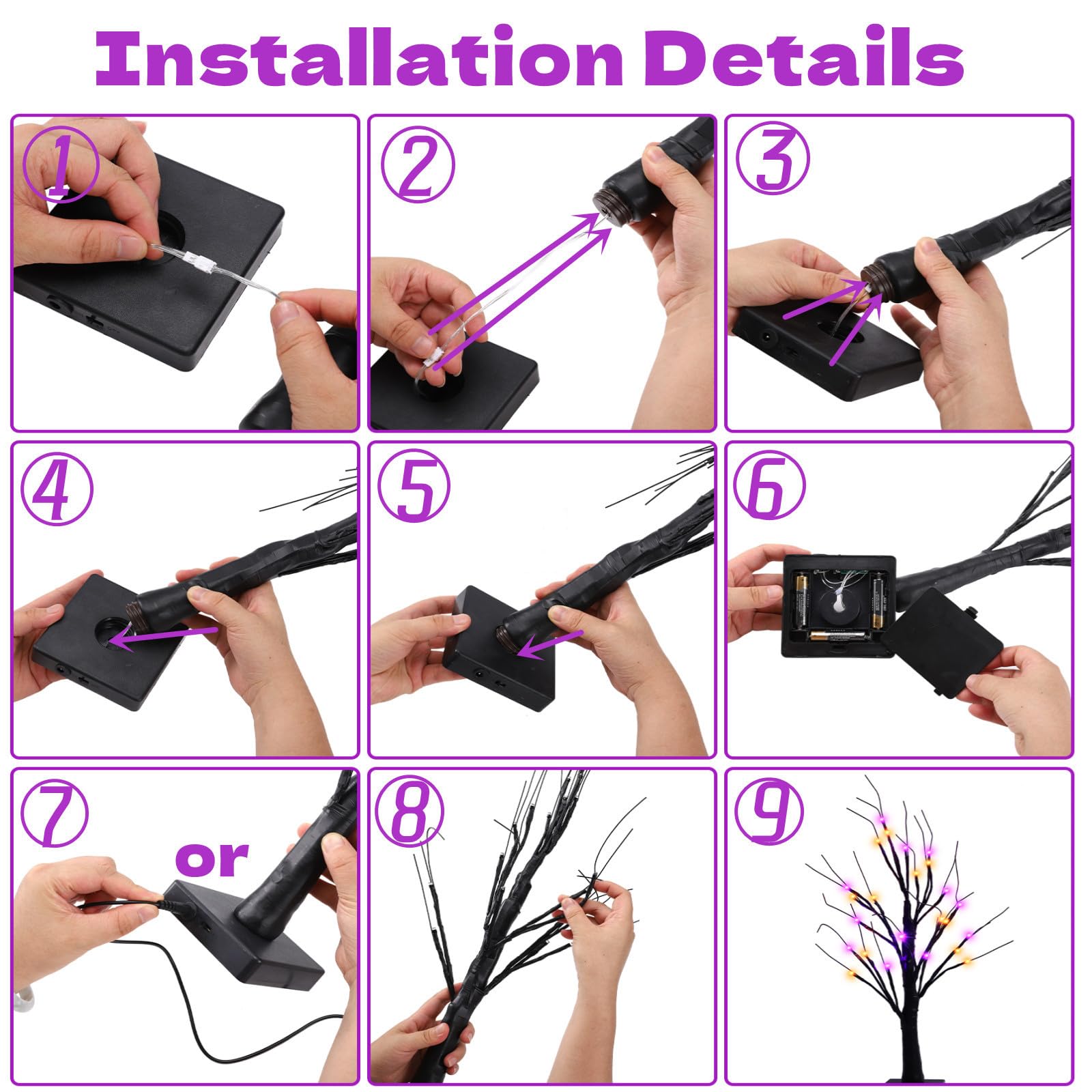 Efunly 2 Pack 24 Inch Halloween Black Spooky Tree with Orange & Purple Lights, USB&Battery Operated Tabletop Halloween Black Tree with Timer for Halloween Decorations Indoor Home Holiday Party