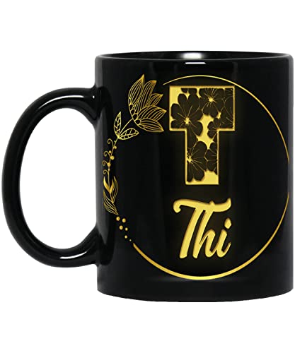 Coffee Mug Personalized Thi Name & Initial Letter Monogram Floral Alphabet Mug Golden Flowers Custom Black Coffee Cup, Gift for Her Mom Coworker Sister, Wife, Girl 11oz Black Mug 192018
