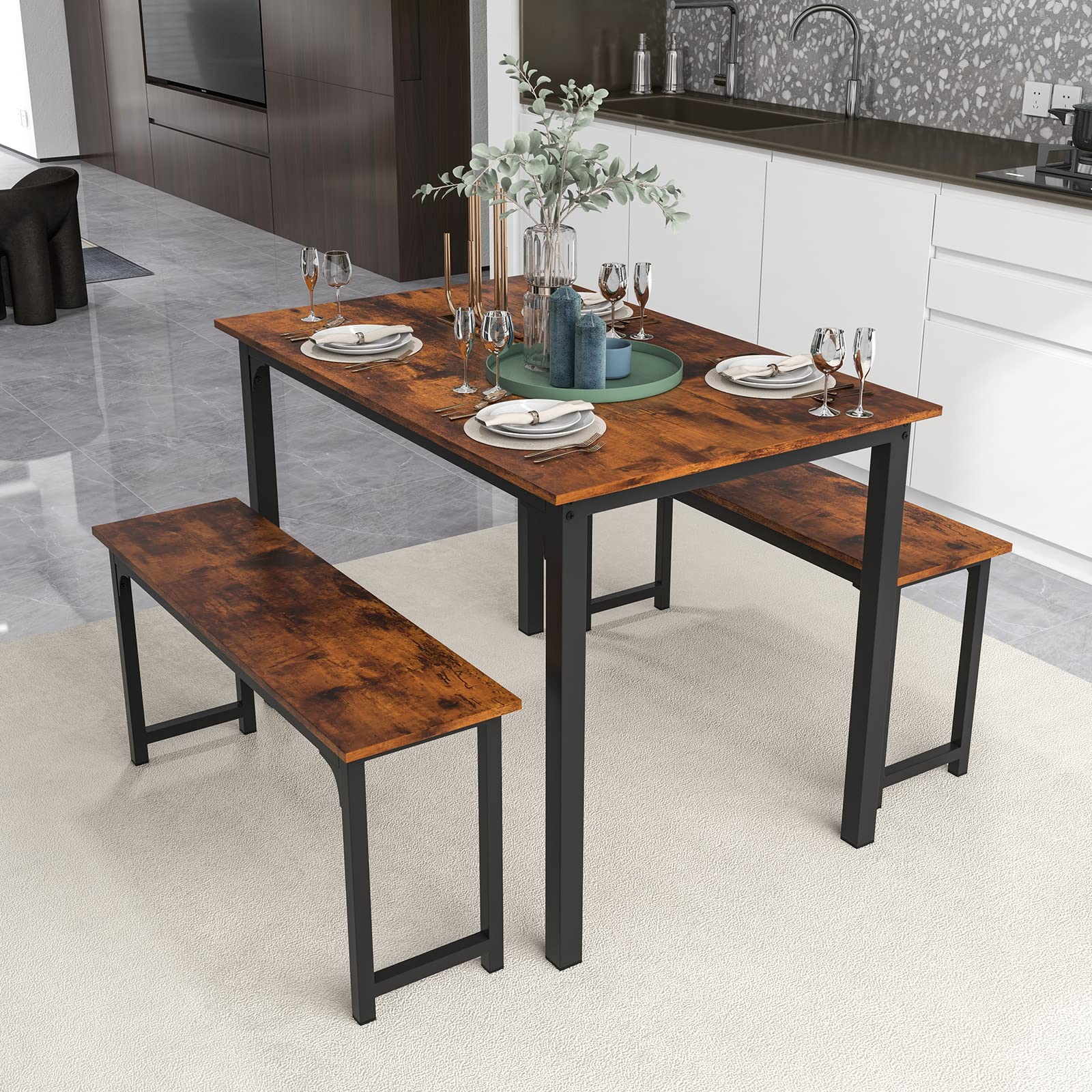 IFANNY Dining Table Set with 2 Benches, Industrial Kitchen Table & Chairs with Metal Frame, Space-Saving Breakfast Nook Table Set, 3 Piece Dinette Set for Farmhouse, Bar, Restaurant (Brown)