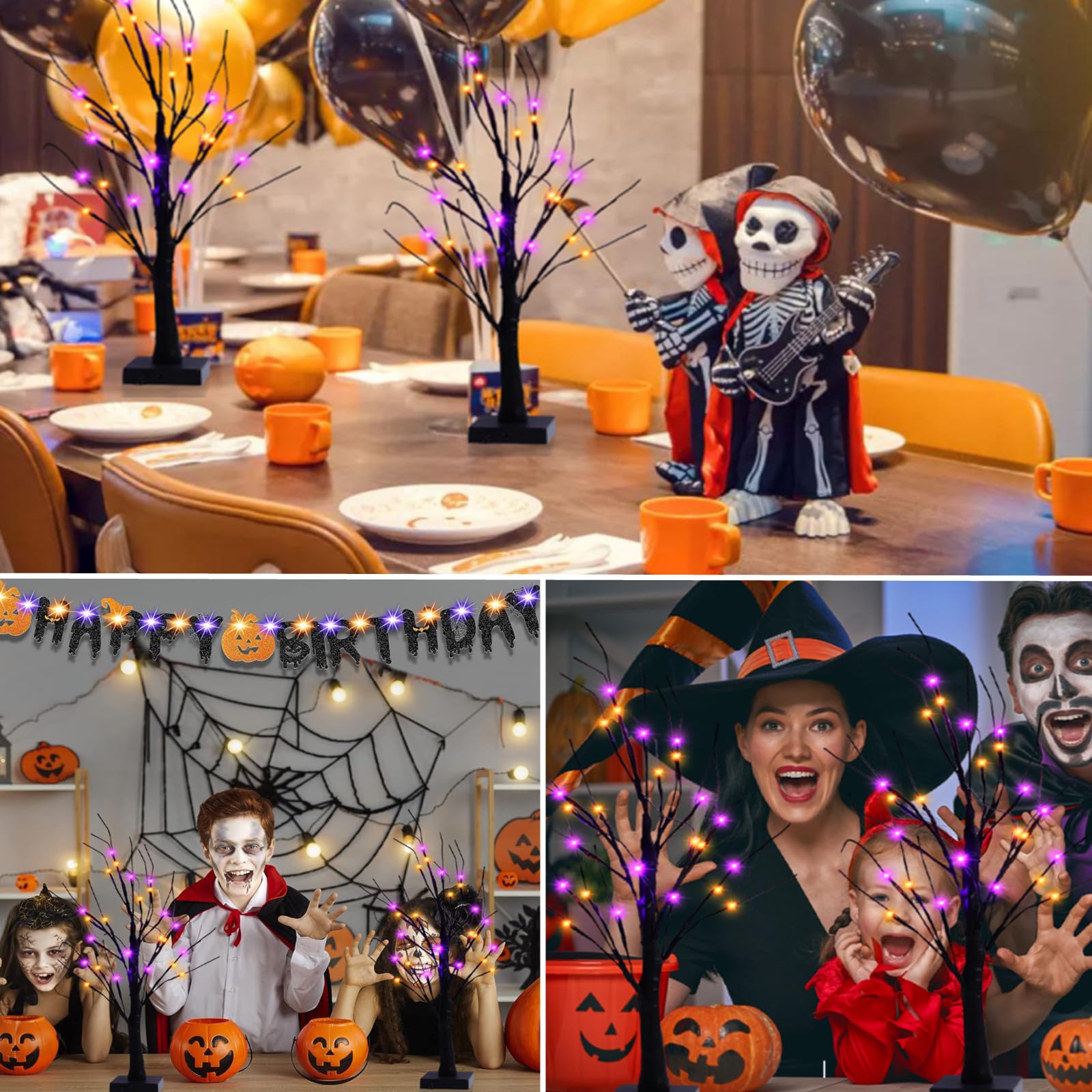 Efunly 2 Pack 24 Inch Halloween Black Spooky Tree with Orange & Purple Lights, USB&Battery Operated Tabletop Halloween Black Tree with Timer for Halloween Decorations Indoor Home Holiday Party
