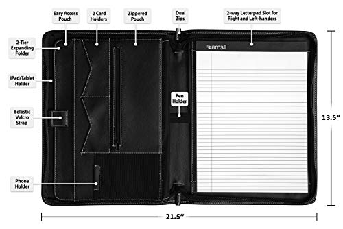 Samsill Zippered Portfolio Organizer, Vegan Leather Business Portfolio Notebook, Work Organizer. Notepad, Tablet iPad (Upto 10.1") Phone & Business Cards Holder, Professional Padfolio for Women & Men