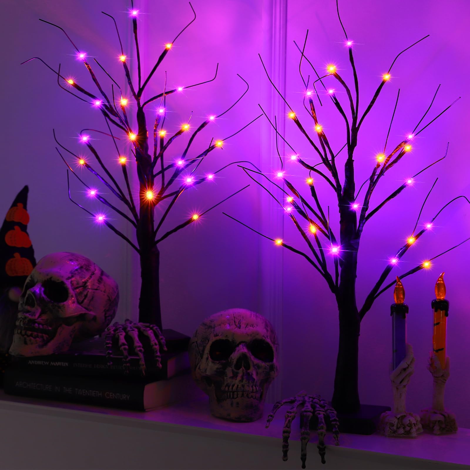 Efunly 2 Pack 24 Inch Halloween Black Spooky Tree with Orange & Purple Lights, USB&Battery Operated Tabletop Halloween Black Tree with Timer for Halloween Decorations Indoor Home Holiday Party