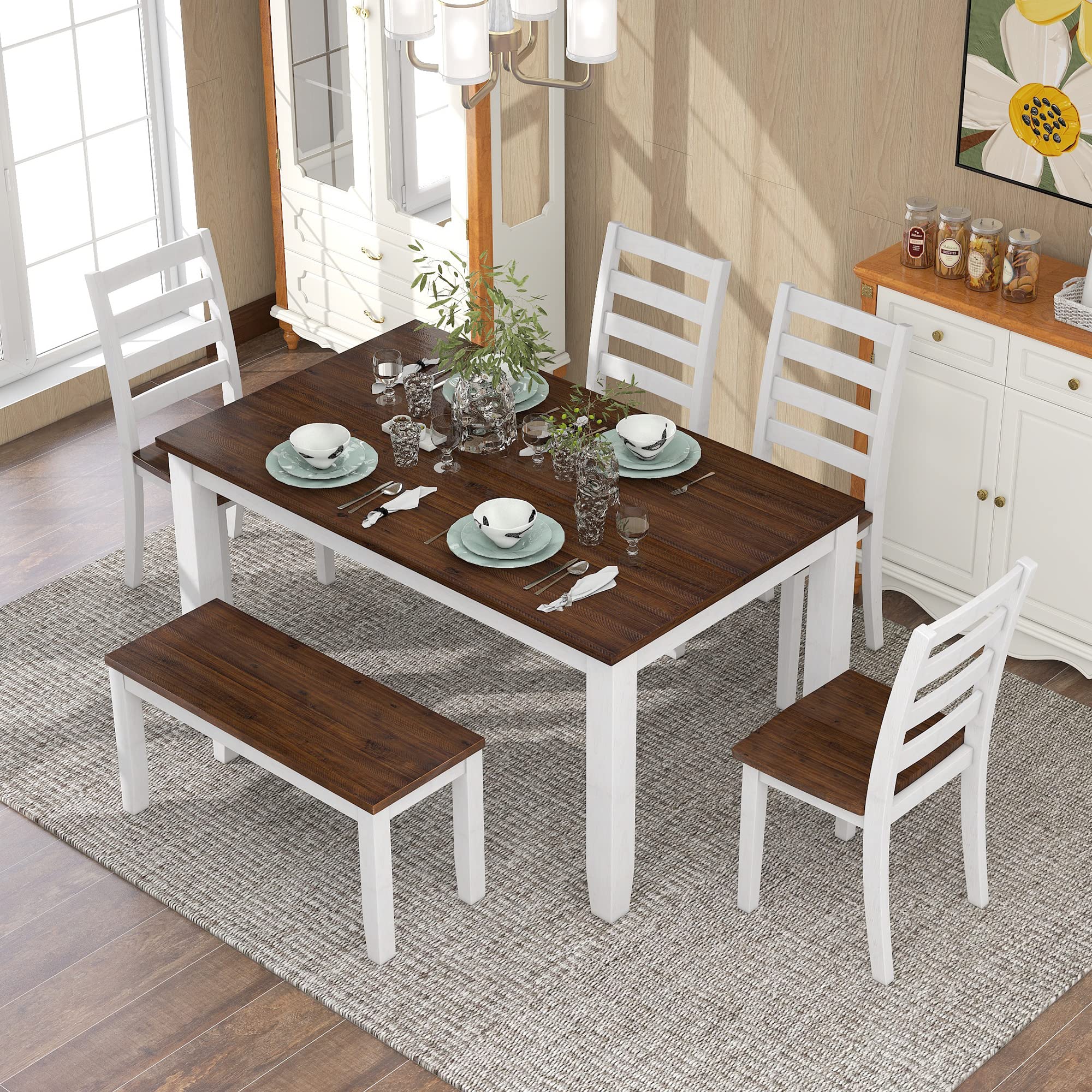 BIADNBZ 6-Piece Dining Table Set with 4 Upholstered Chairs & a Bench for Family,Walnut + Cottage White
