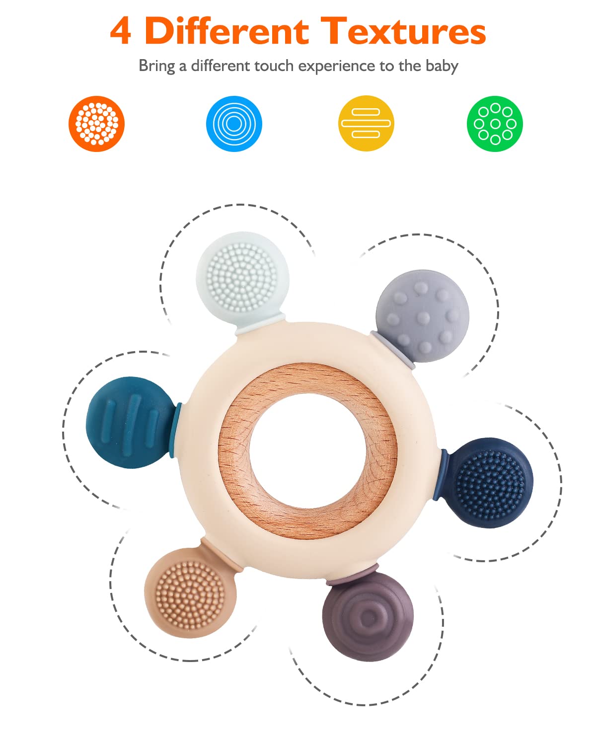 akolik Baby Teething Toys for Babies 0-6 6-12 Months Rudder Teether BPA Free with Wooden Ring Silicone Chewable Teether Help with Teething Pain Relief (Helm A)