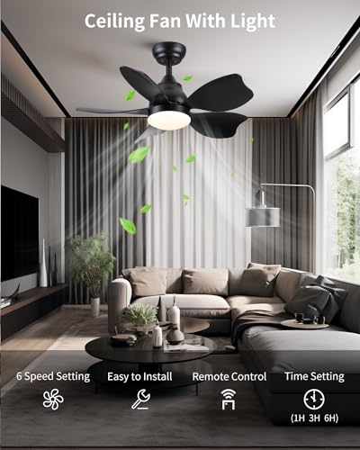 Newday 30" Ceiling Fan with Light and Remote, Small Ceiling Fans with Lights, 5 Reversible Blades 3 Colors Dimmable 6 Speed Ceiling Fan for Bedroom Kitchen Dining Room, Black Ceiling Fan with Light