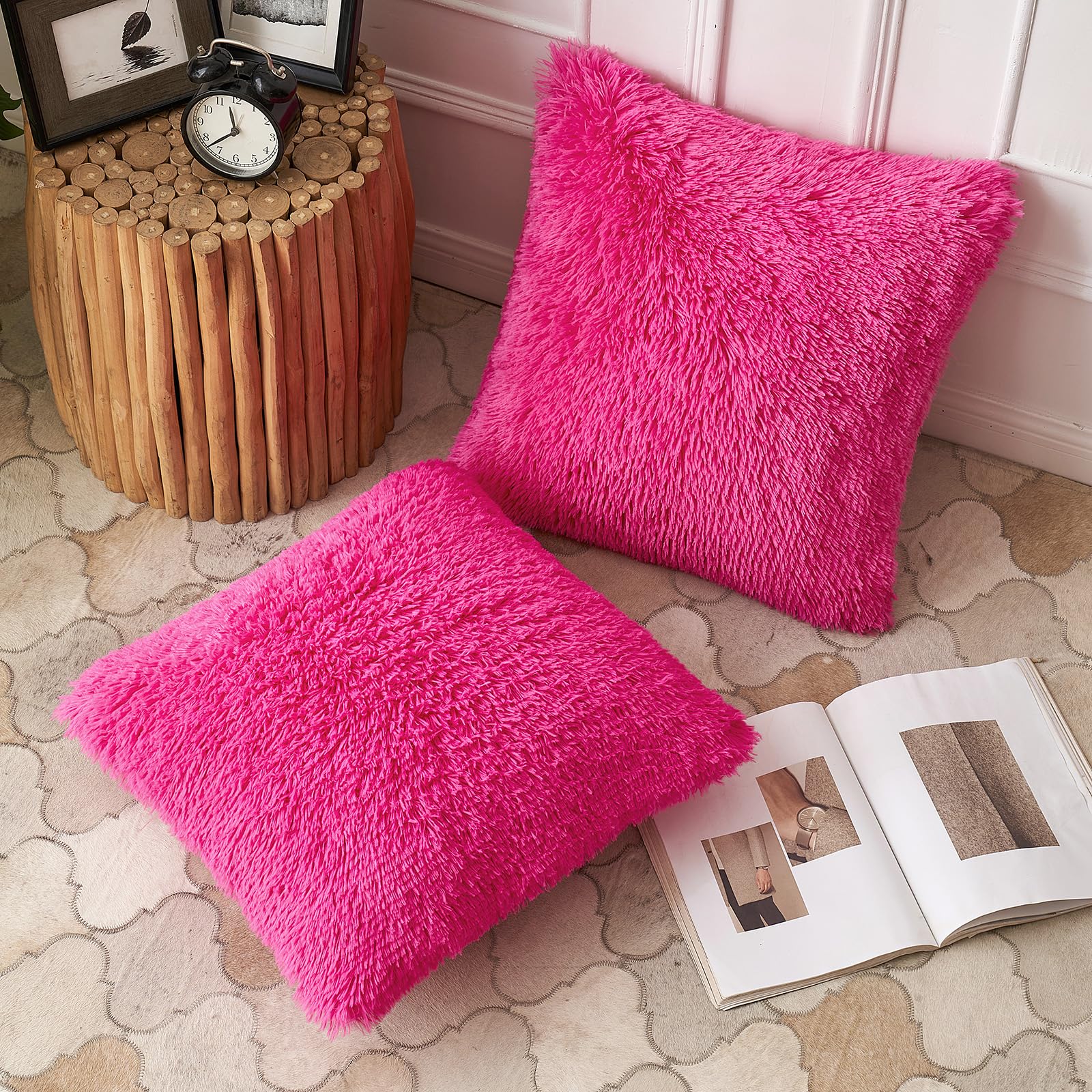ANRODUO Pack of 2 Hot Pink Throw Pillow Covers Luxury Fluffy Pillows Faux Fur Decorative Pillows Plush Cushion Case Fuzzy Mongolian Merin Style for Bed Couch Sofa Living Room Spring Decor 18x18 Inch