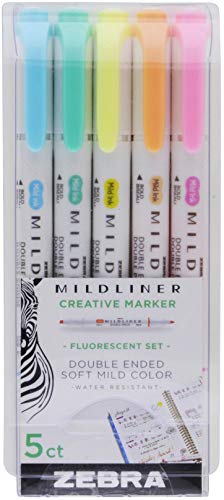 Zebra Pen Mildliner, Double Ended Highlighter, Broad and Fine Tips, Assorted Fluorescent Colors, 5-Count