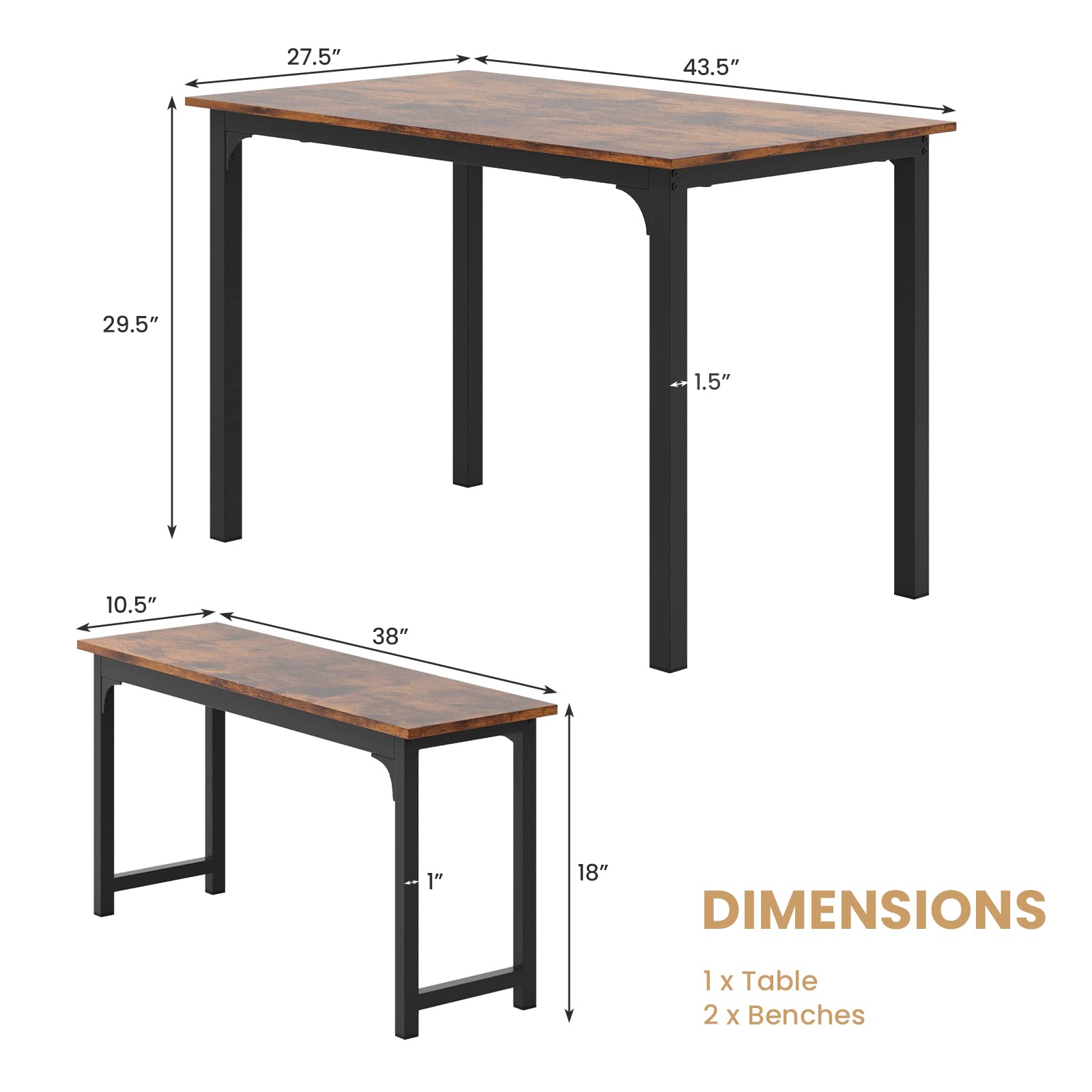 IFANNY Dining Table Set with 2 Benches, Industrial Kitchen Table & Chairs with Metal Frame, Space-Saving Breakfast Nook Table Set, 3 Piece Dinette Set for Farmhouse, Bar, Restaurant (Brown)