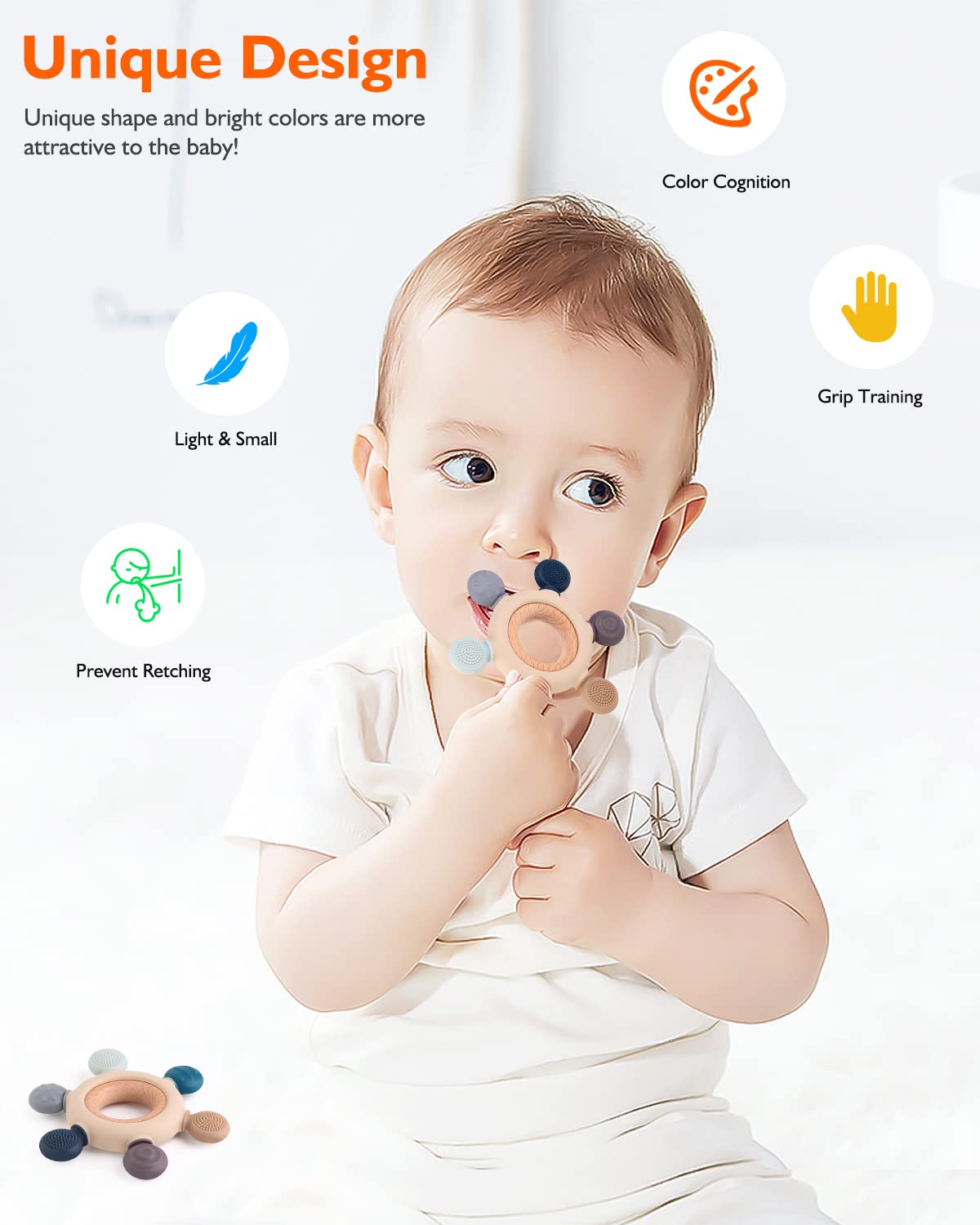 akolik Baby Teething Toys for Babies 0-6 6-12 Months Rudder Teether BPA Free with Wooden Ring Silicone Chewable Teether Help with Teething Pain Relief (Helm A)