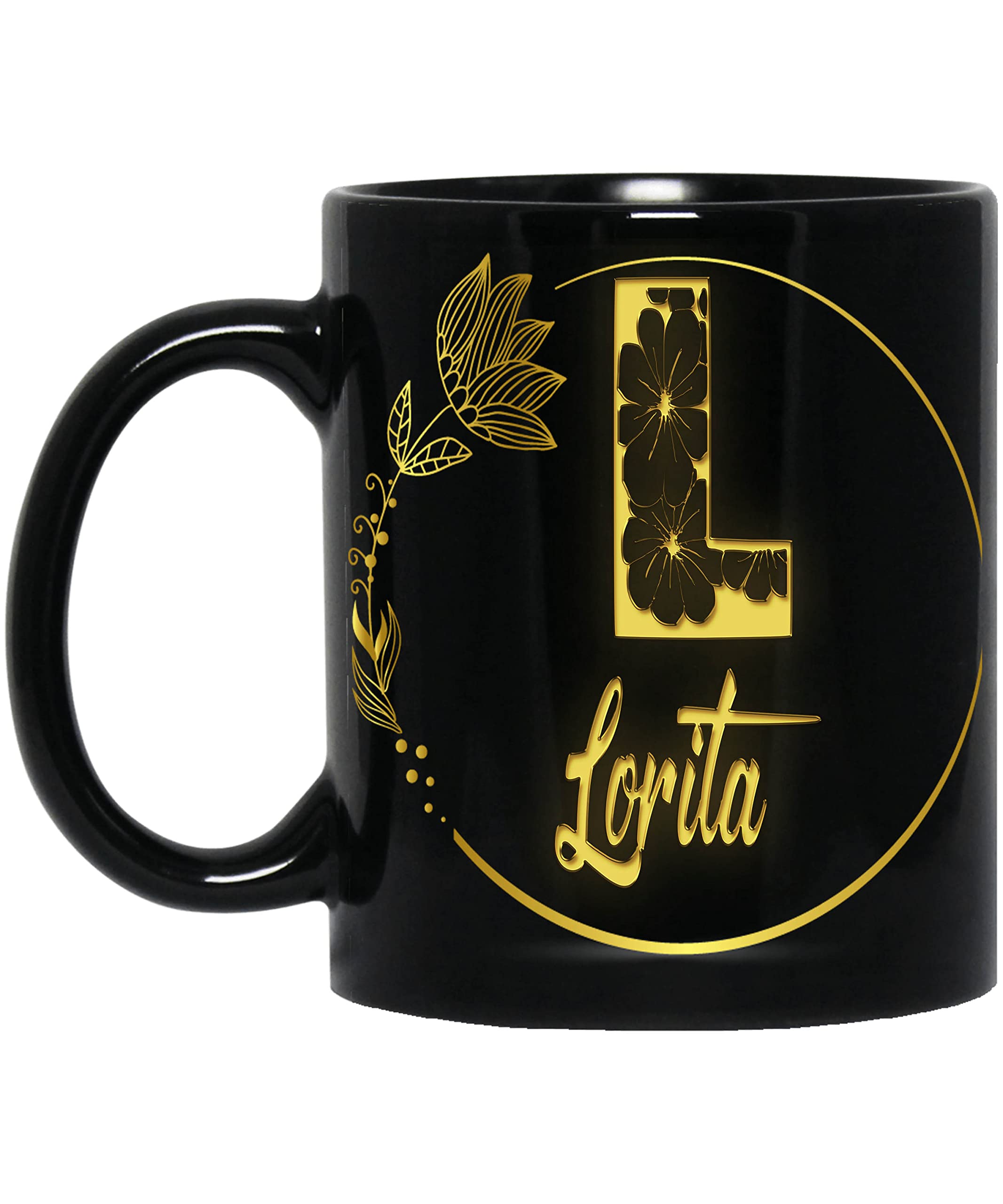 Coffee Mug Personalized Lorita Name & Initial Letter Monogram Floral Alphabet Mug Golden Flowers Custom Black Coffee Cup, Gift for Her Mom Coworker Sister, Wife, Girl 11oz Black Mug 197783