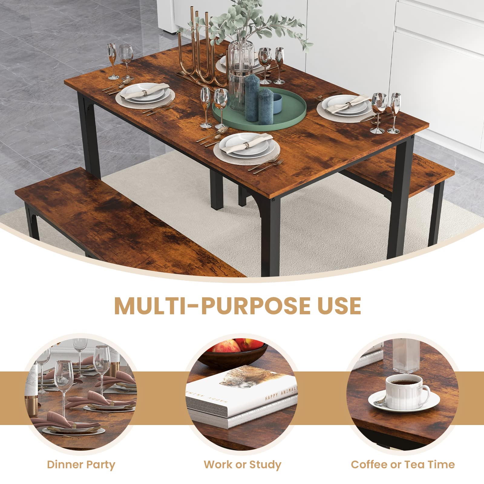 IFANNY Dining Table Set with 2 Benches, Industrial Kitchen Table & Chairs with Metal Frame, Space-Saving Breakfast Nook Table Set, 3 Piece Dinette Set for Farmhouse, Bar, Restaurant (Brown)